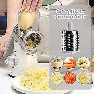 Ancevsk Rotary Cheese Grater Shredder with Strong Suction Base, Kitchen Speed Hand Crank Vegetable Slicer, Potato Hash Brown Shredder Nut Grinder with 3 Replaceable Stainless Steel Drum Blades (White)