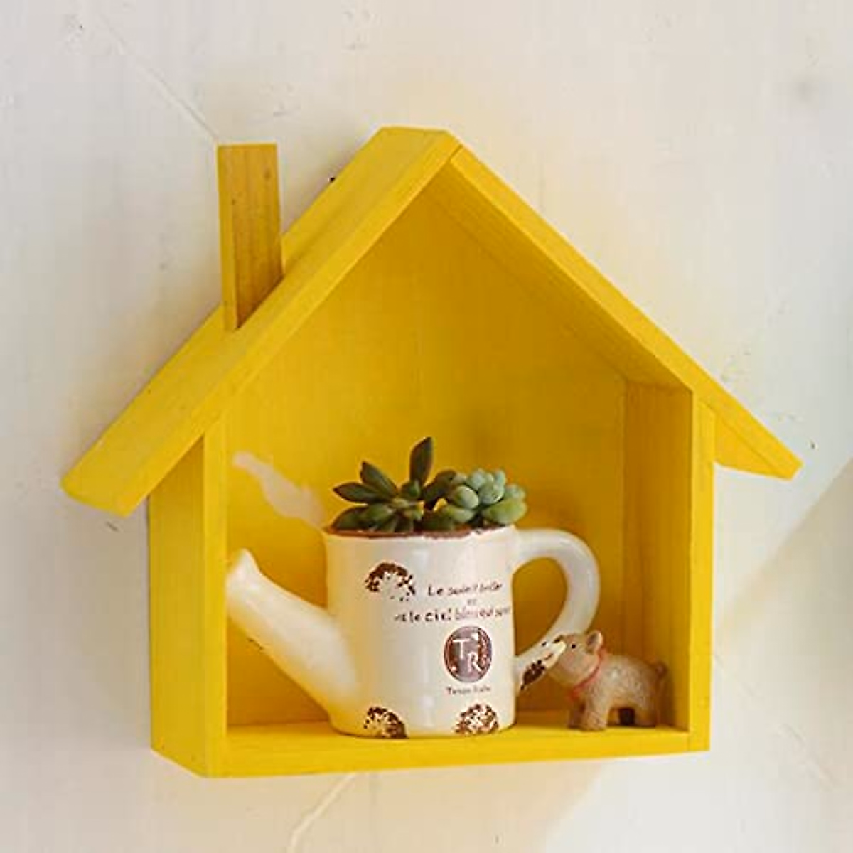 PETSOLA House Shape Wood Wall Shelf Display Hanging Shelves Box Organizer, Yellow