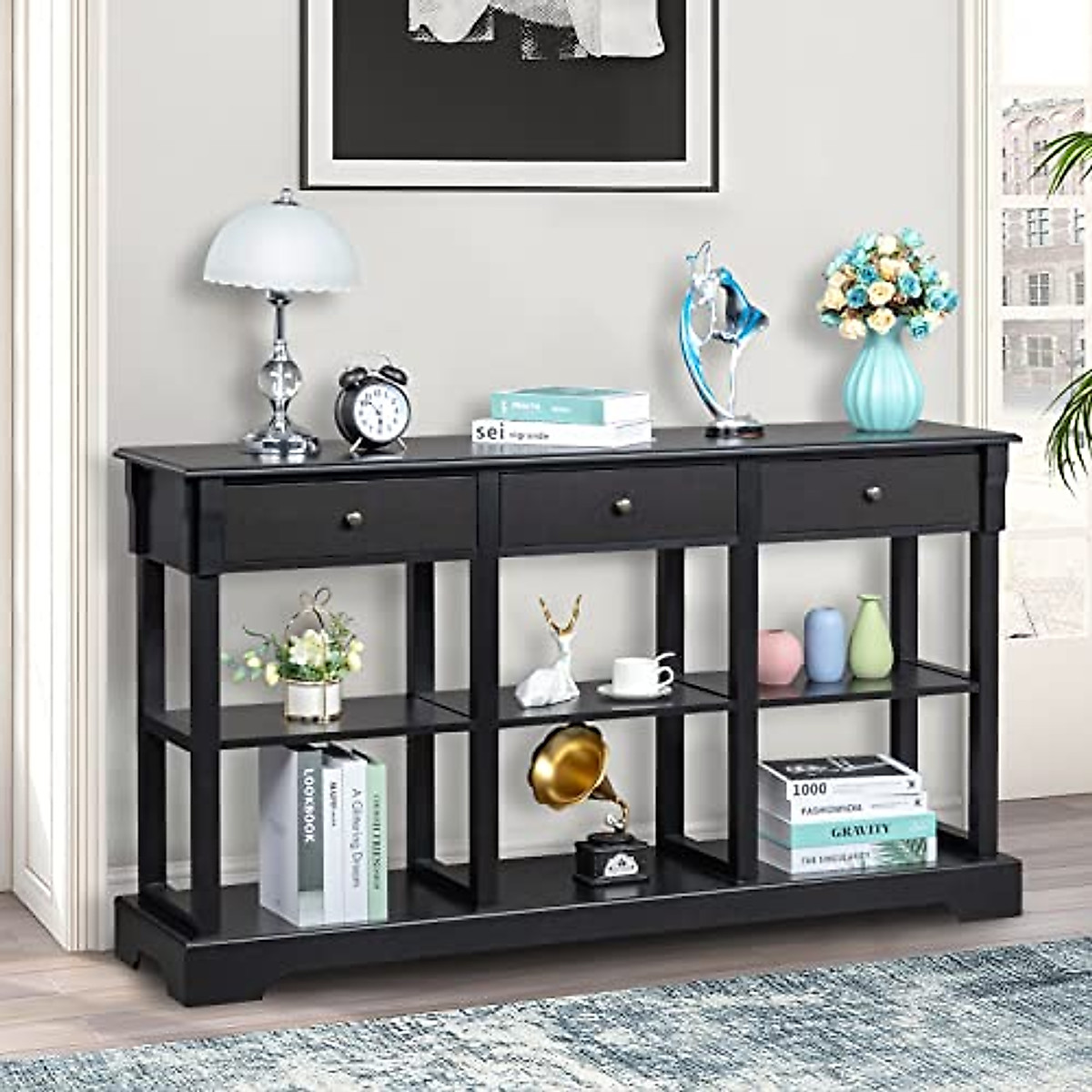 Karl home Console Table with 3 Drawers, Entryway Desk Sofa Side Table with 6 Bottom Cube Storage Shelves, Vintage TV Stand for Hallway Living Room Office, Black 32.5" H