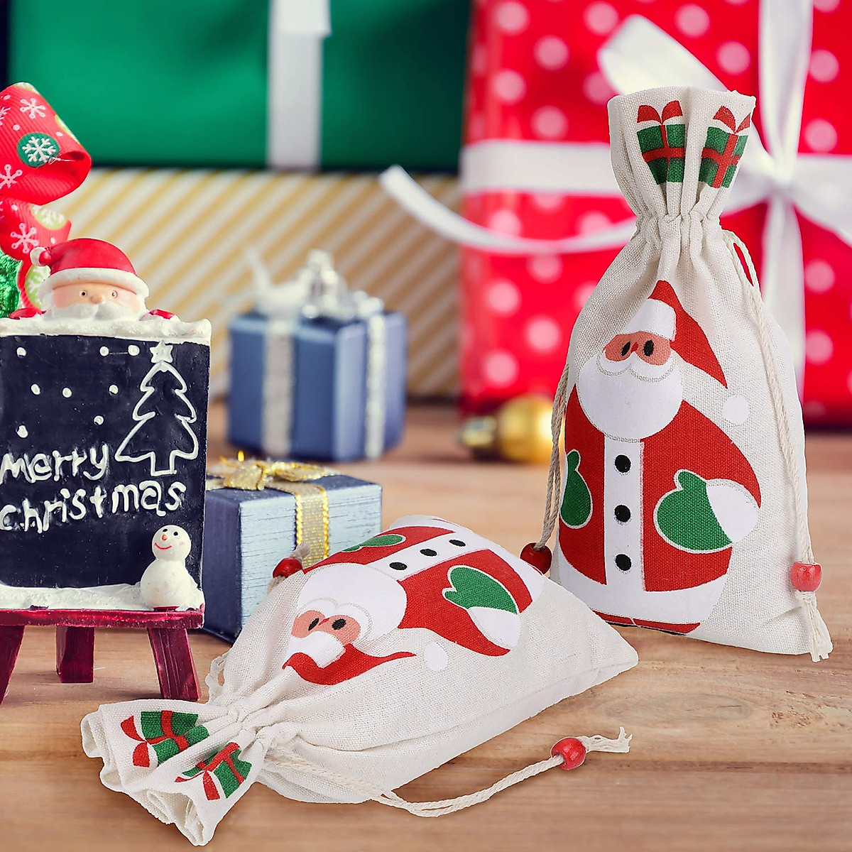 10 Pieces Small Christmas Drawstring Gift Bags 5x9 Inches Burlap Gift Bags Christmas Santa Snowman Linen Candy Bag Sacks for Xmas Holiday Party Favors