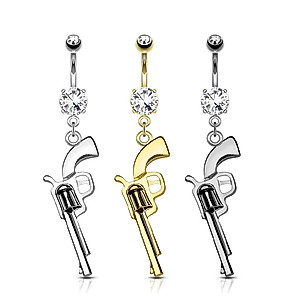 Pierced Owl 14GA 316L Stainless Steel Prong Set CZ Crystal Gun Dangling Belly Button Ring (Hematite)