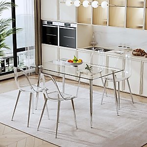 Ufurpie 5 Piece Dining Room Table Set, 51" Glass Kitchen Table & 4 Clear Chairs,Clear Dining Table Sets w/Chrome Legs, Pre Assembled Modern Glass Dining Table Set for 4(Silver)