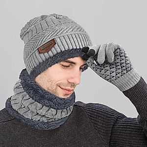 Winter Beanie Hats Scarf Gloves Set Thick Warm Slouchy Beanies Hat Knit Skull Cap Neck Warmer for Men Women, Light Grey