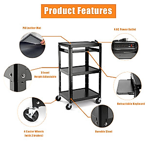 Metateel AV Presentation Cart Stand for Video Projector,TV,Laptop Computers,Printers,Metal Construction Rolling Cart with Adjustable Shelves,4 Wheels,4 Outlets, 5.75ft Cord,Support 300 lbs,Black