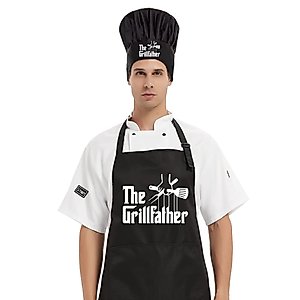 DYJYBMY The Grillfather Chef Hat and Apron Set, Funny Cooking Grilling Apron Gift for Men Woman Dad Mom, Gift for Dad Husband Boyfriend Chef, Adjustable Size