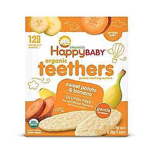Happy Baby Gentle Teethers Organic Teething Wafers Banana Sweet Potato, Soothing Rice Cookies for Teething Babies Dissolves Easily Organic Gluten Free No Artificial Flavor,0.14 Ounce (Pack of 12)
