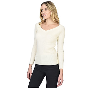 State Cashmere Women’s Easy V-Neck Ribbed Sweater 100% Pure Cashmere 3/4 Sleeve Pullover (Undyed White, Large)