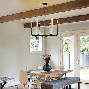 HOXIYA DIMMABLE Plug in Chandelier with Cord 25.6", Black and Gold 6 Light Modern Farmhouse Chandelier for Dining Room, Rustic Retro Hanging Ceiling Lighting Pendant Light Outdoor Gazebo Porch Bedroom