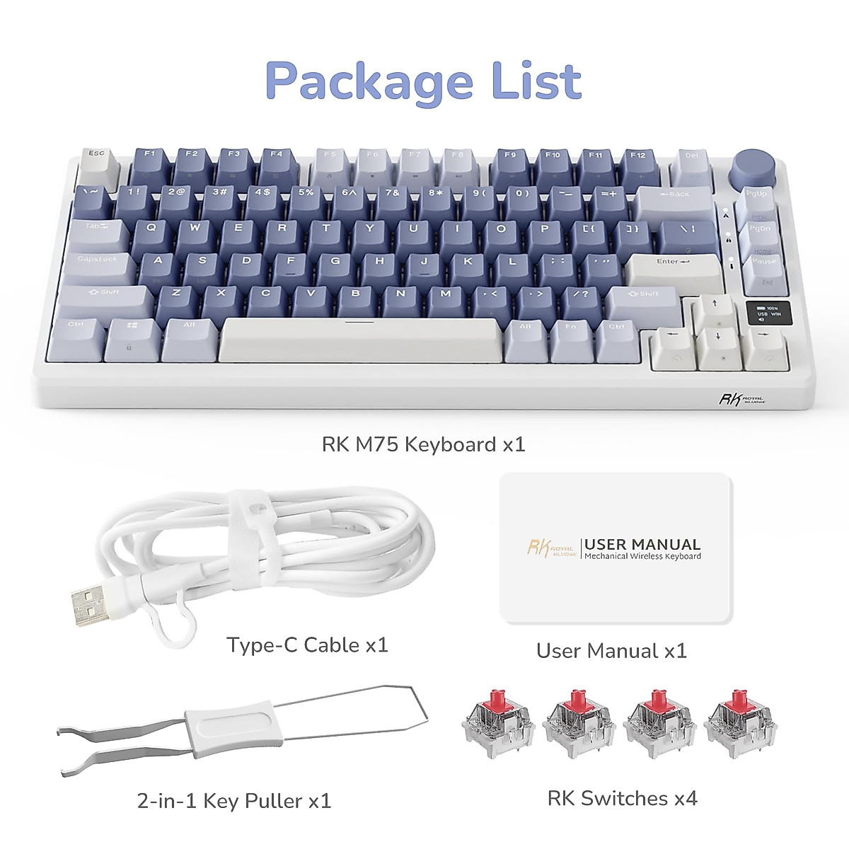 RK ROYAL KLUDGE M75 Mechanical Keyboard with OLED Smart Display and Volume Knob, 2.4G/USB-C/BT Gasket Mounted 75% Layout Wireless Gaming Keyboard with 81 Keys, RGB Backlit Hot-Swappable Red Switch