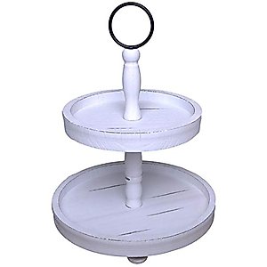 Hallops Wood 2 Tiered Tray | Rustic Farmhouse Decor | Rustic Serving Cake Stand | Galvanized Kitchen Table | Fall Decor | Food and Party Display(White)