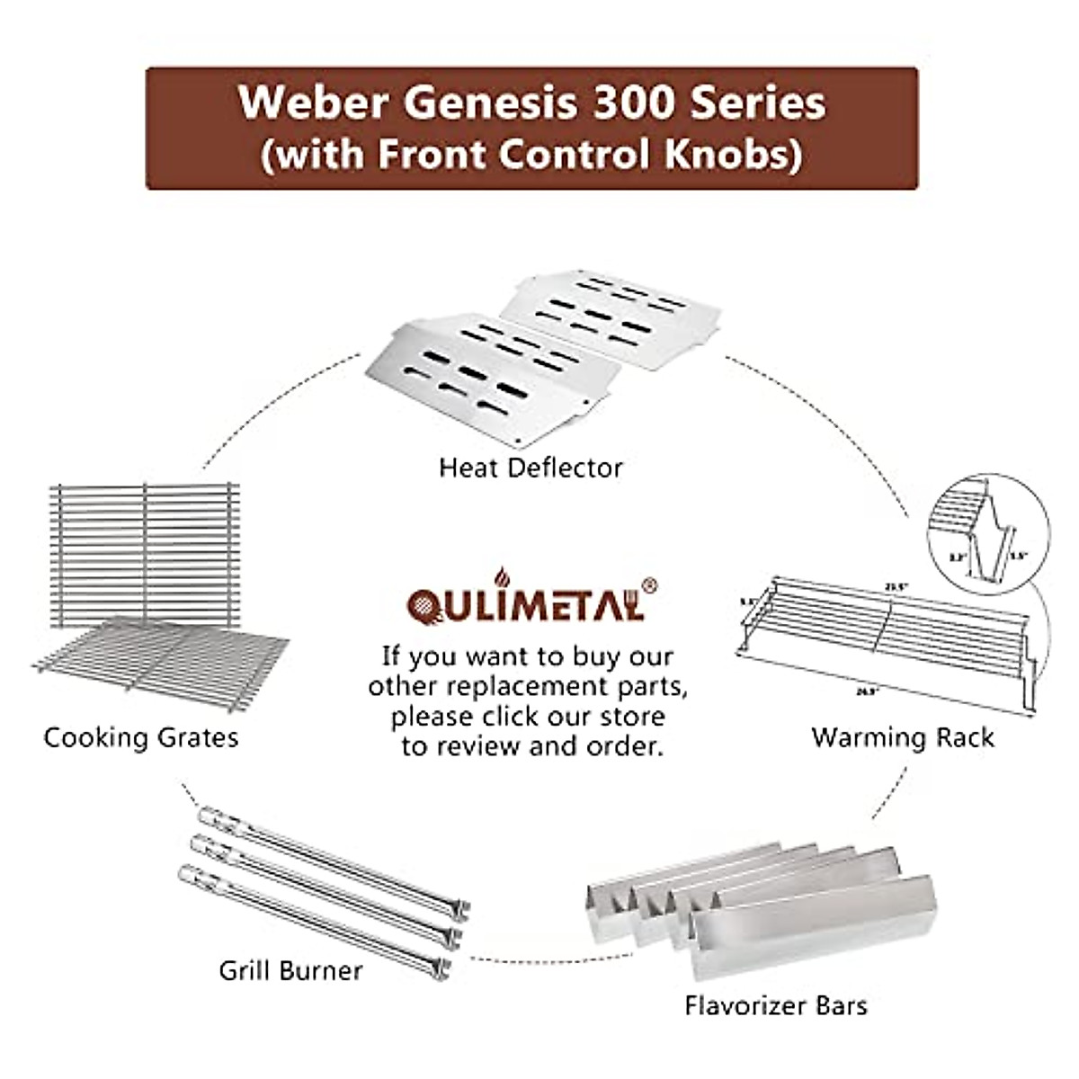 QuliMetal 19.5" 62752 Grill Burner and 7130 Grill Cover for Weber Genesis 300 Series (2011-2016) with Front Control Panel