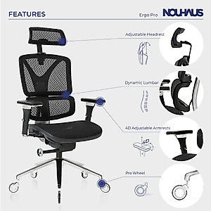 Nouhaus Ergonomic Office Chair Lumbar Support Aluminum Alloy Backrest, High Back Mesh Computer Desk Chair with Adjustable Headrest, 4D Armrest and Premium Wheels(ErgoPRO,Black)