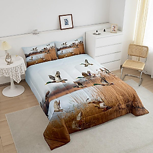Erosebridal Mallard Duck Duvet Insert Duck Hunting Themed Comforter Set for Kids Teens Adults Mallard Duck Bird Printed Bedding Set Rustic Natural Lake Scenery Quilt with 2 Pillowcases,Queen Size