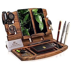 TESLYAR Natural Walnut Wood Phone Docking Station Phone Key Holder Wallet Stand Watch Organizer Men Husband Wife Anniversary Dad Birthday Nightstand Purse Father Graduation