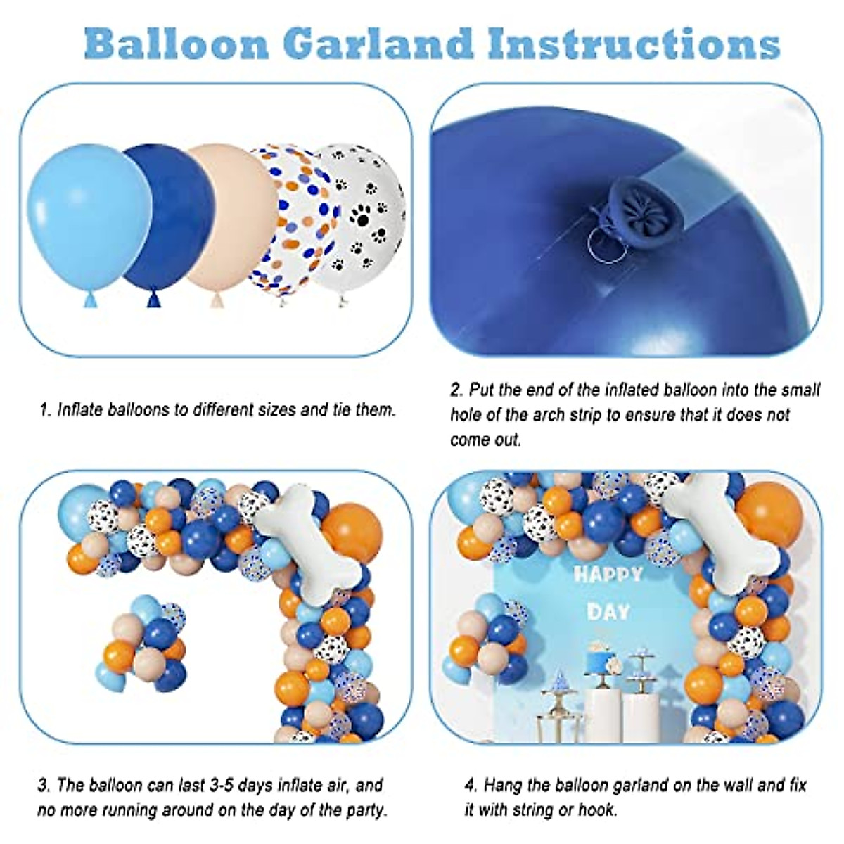 121Pcs Blue Birthday Party Supplies Balloons Garland Kit, Blush Nude Blue Orange Dog Paw Balloons Arch Bone Balloon for Boys Girls Baby Shower Blue Theme Birthday Party Decorations