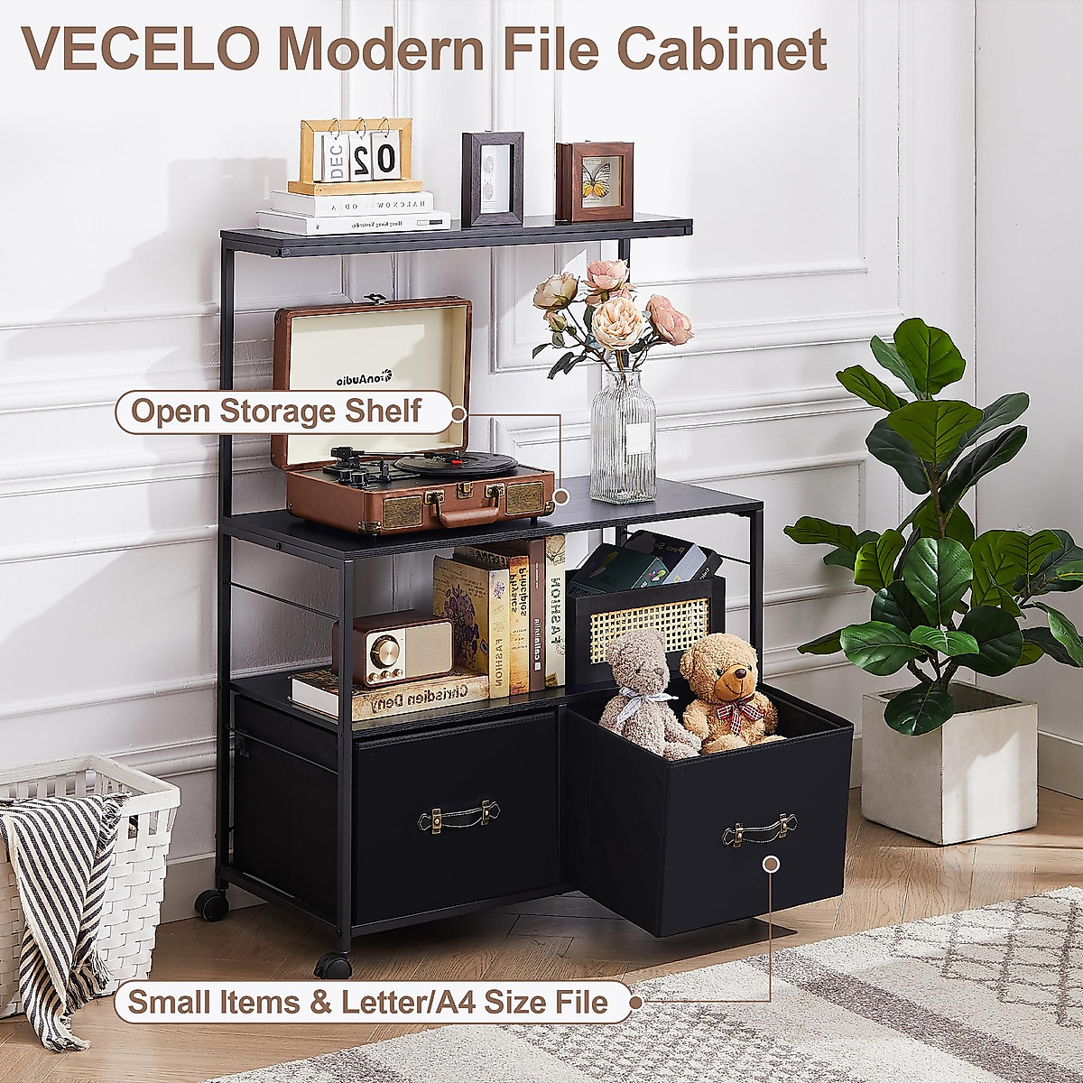 VECELO Fabric Lateral Filing Cabinet with 3 Open Storge Shelves Movable Printer Stand with 2 Large, Home Office, Suitable for A4 Or Letter Size,Black, 2 Drawer