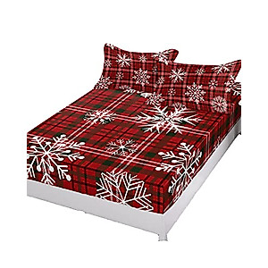 Christmas Fitted Bed Sheet Full Size,Winter Snowflake Soft Bottom Sheet with Pillow Case,Green Red Tartan Plaid Fitted Sheet Bedding Set for Mattress Fit 5"-16" Deep Pockets