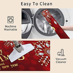 JasmineM Christmas Snowflake Shiny Diamonds Kitchen Rugs and Mats Set of 2, Christmas Decorations Indoor Outdoor Kitchen Floor Mats, Xmas Non-Slip Runner Rug for Bathroom Living Room, Red