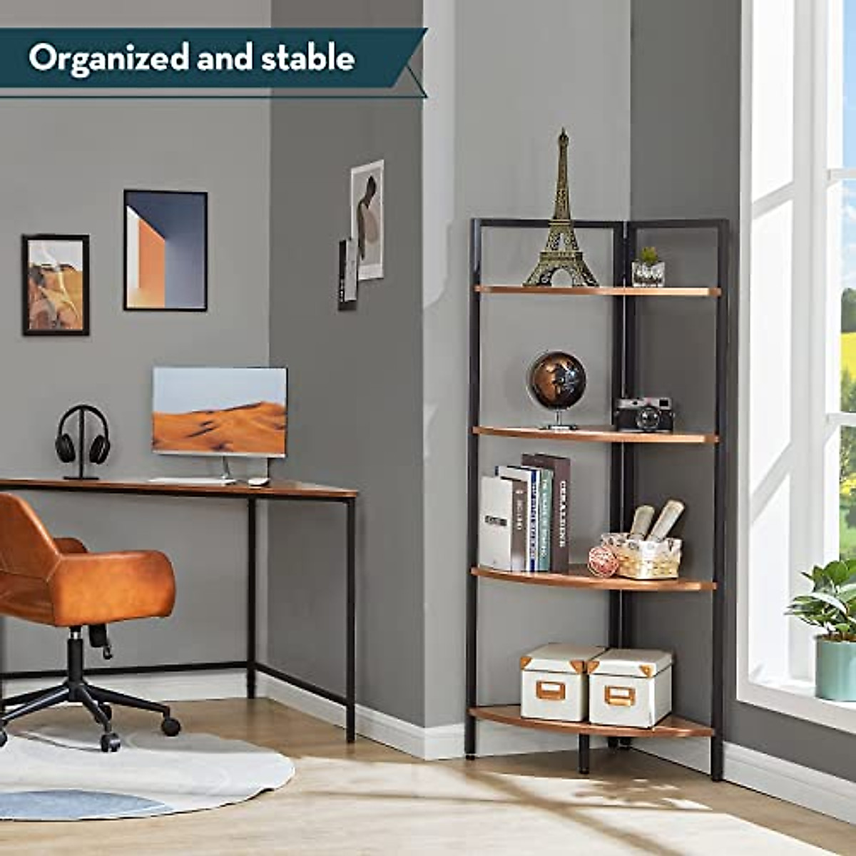 SAYGOER Corner Bookshelf and Glass Coffee Table with Storage