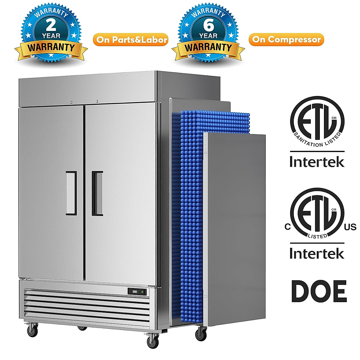 Coolski 54’’ Commercial Freezer with 2 Door, Stainless Steel Reach-in Freezer Upright with 49 Cu.Ft/8 Shelves, Two Section Fan Cooling Freezers for Restaurant Garage ETL NSF Approved