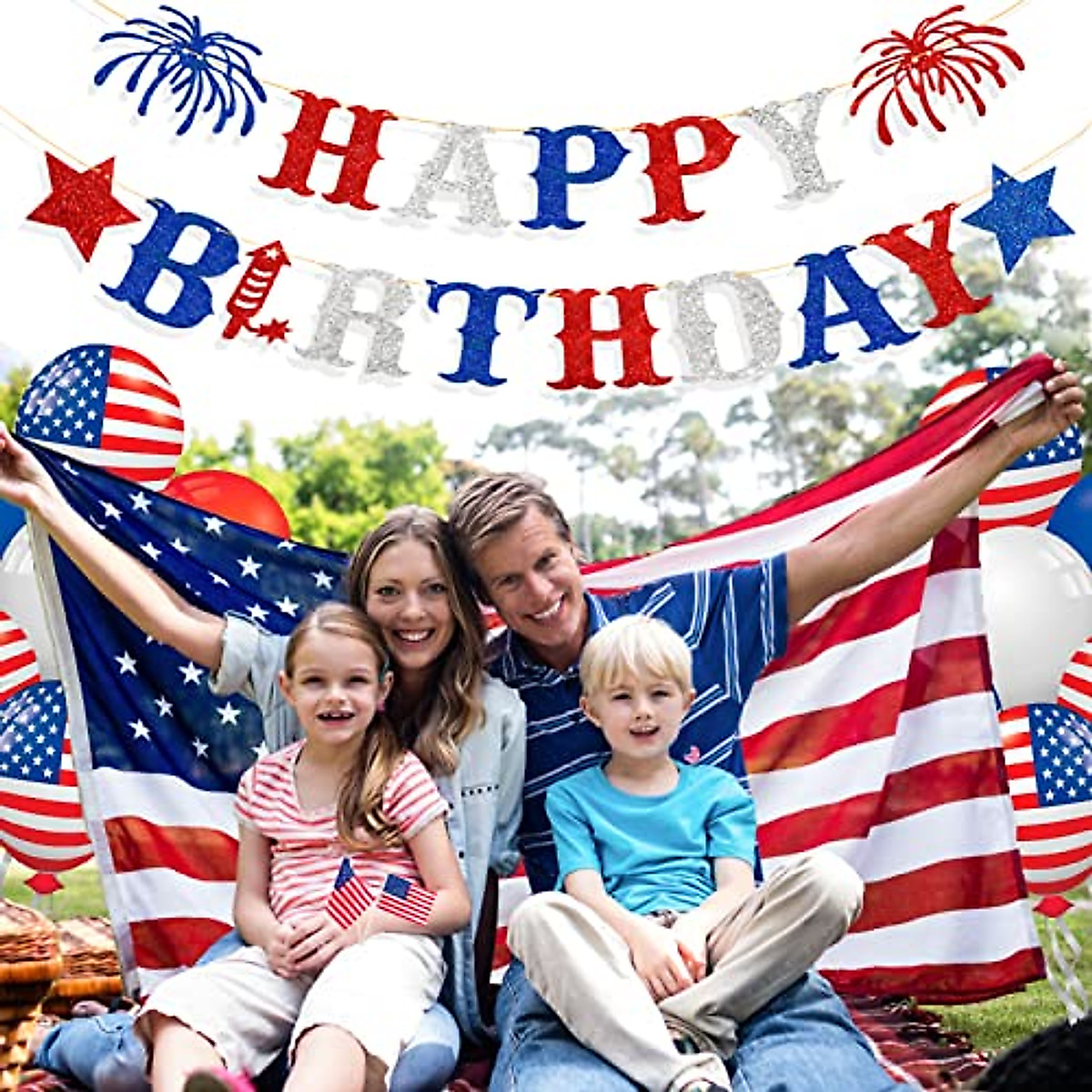 Ushinemi Glitter 4th of July Birthday Decorations, Red White and Blue Happy Birthday Banner, Patriotic Independence Day Birthday Party Supplies