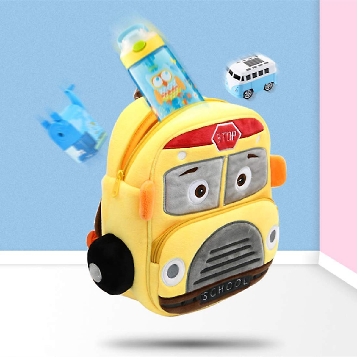 NICE CHOICE Toddler Backpack for Boys Girls, 10" Car Preschool Bag Plush Cartoon Bookbag for Little Boys Girls Kids (School Bus)