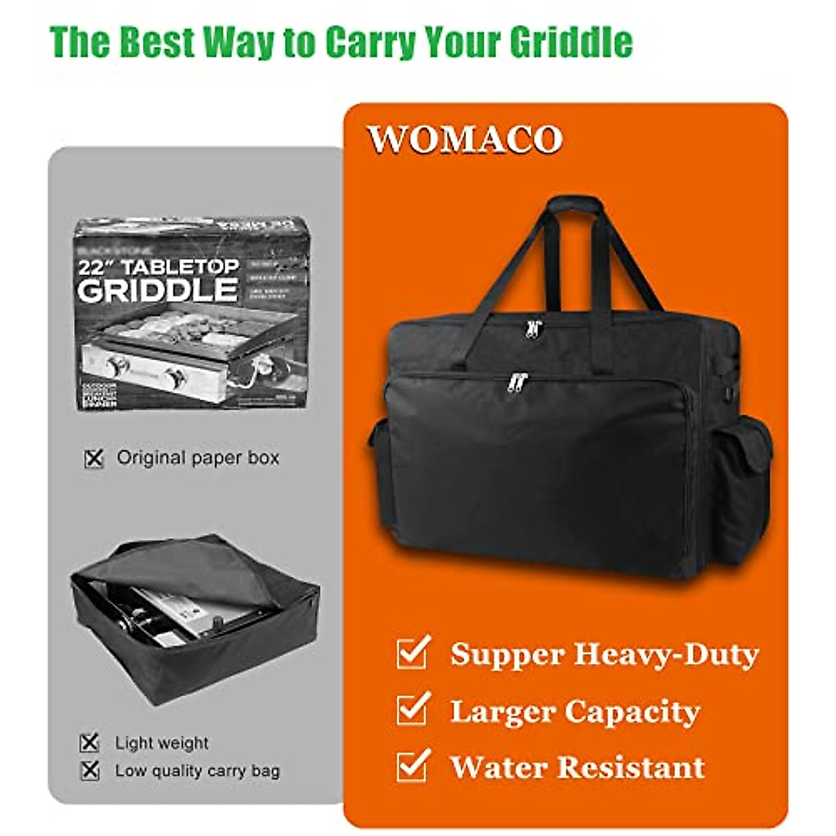 WOMACO 22 inch Griddle Carry Bag for Blackstone 17 & 22 Griddle with Hood Lid and Stand, Water-Resistant Outdoor Griddle Bag Case