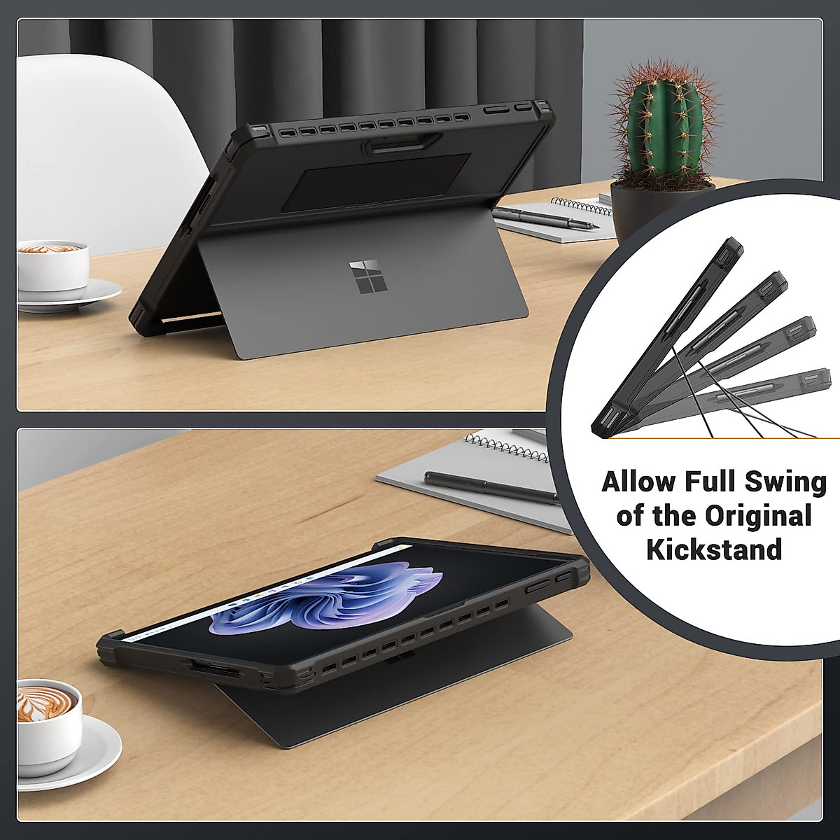 MoKo Case Compatible with Microsoft Surface Pro 11, Surface Pro 10, Surface Pro 9 13 Inch, All-in-One Protective Rugged Cover with Hand Strap, Compatible with Type Cover Keyboard, Black