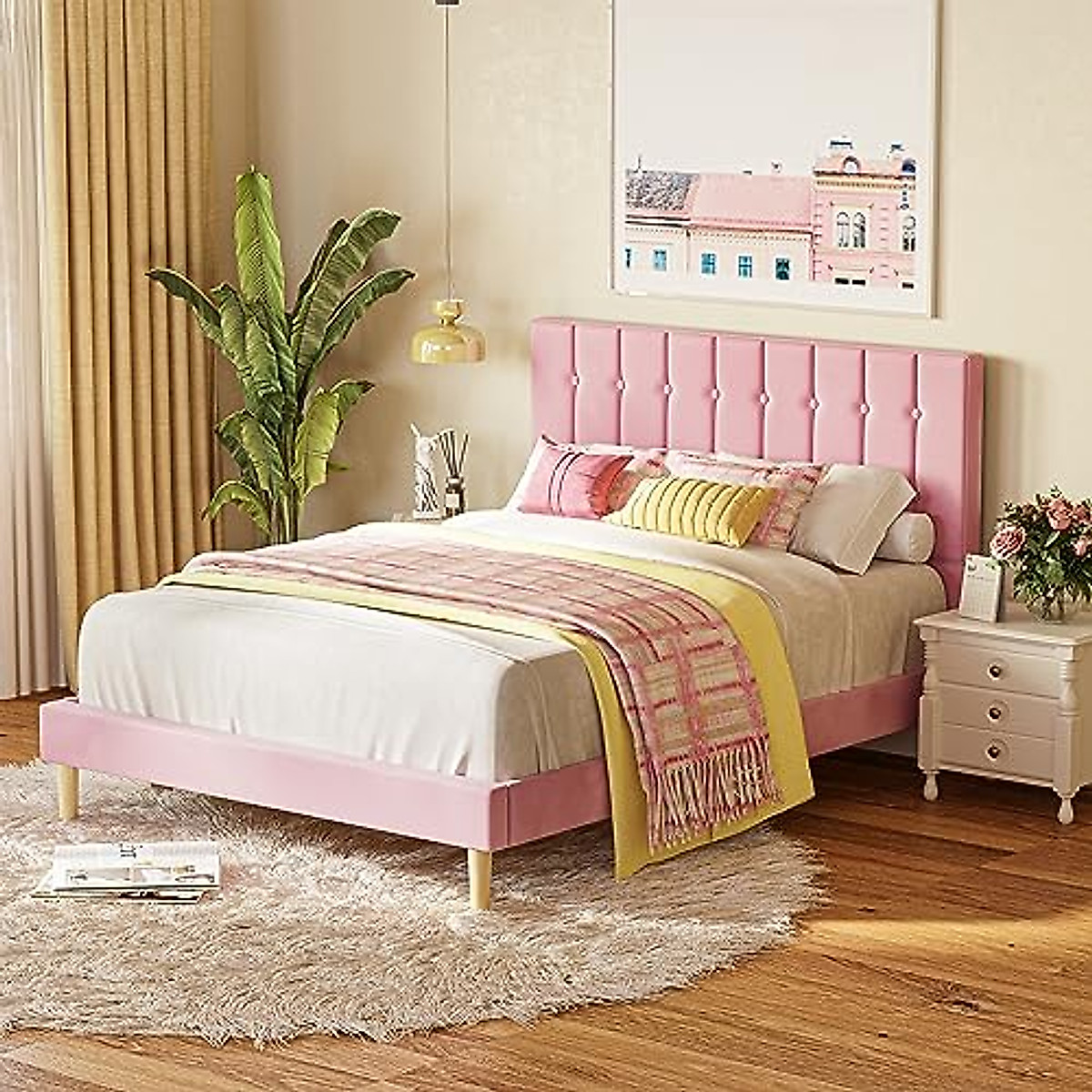 LIKIMIO Full Bed Frames, Velvet Upholstered Platform Bed Frame with Headboard and Strong Wooden Slats, No Box Spring Needed/Noise-Free/Easy Assembly, Pink