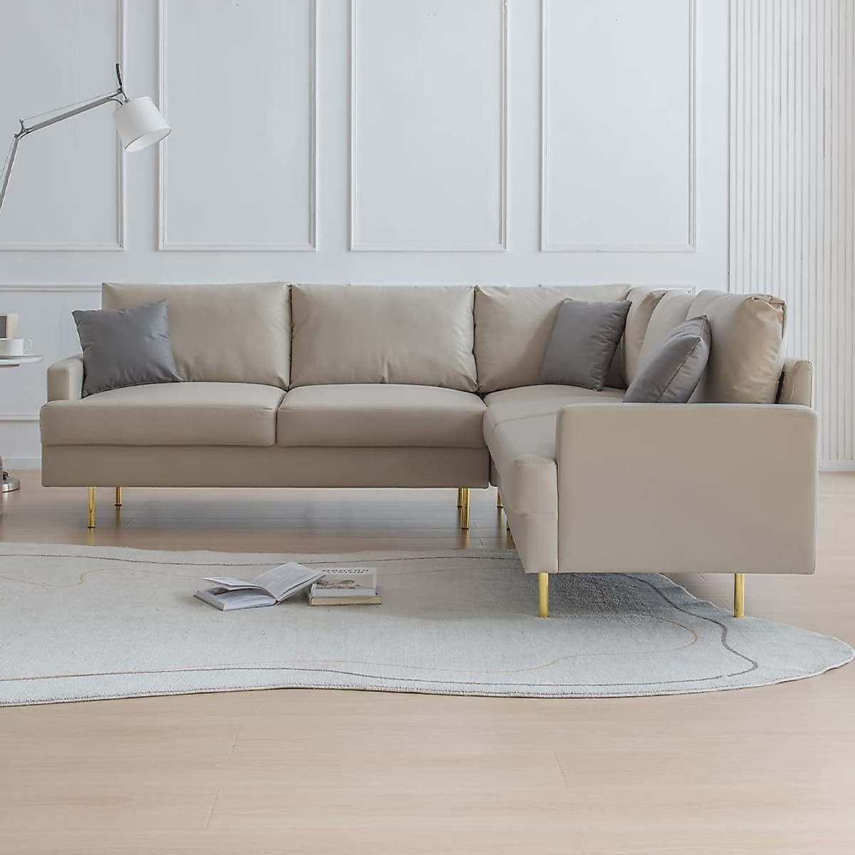 WILLIAMSPACE 89.8" Sectional Sofa Couch for Living Room, Modern Leather L-Shaped 5 Seat Sofa Corner Couch with Pillows, Upholstered Sofa with Gold Metal Legs for Home Office (Technical Leather, Beige)