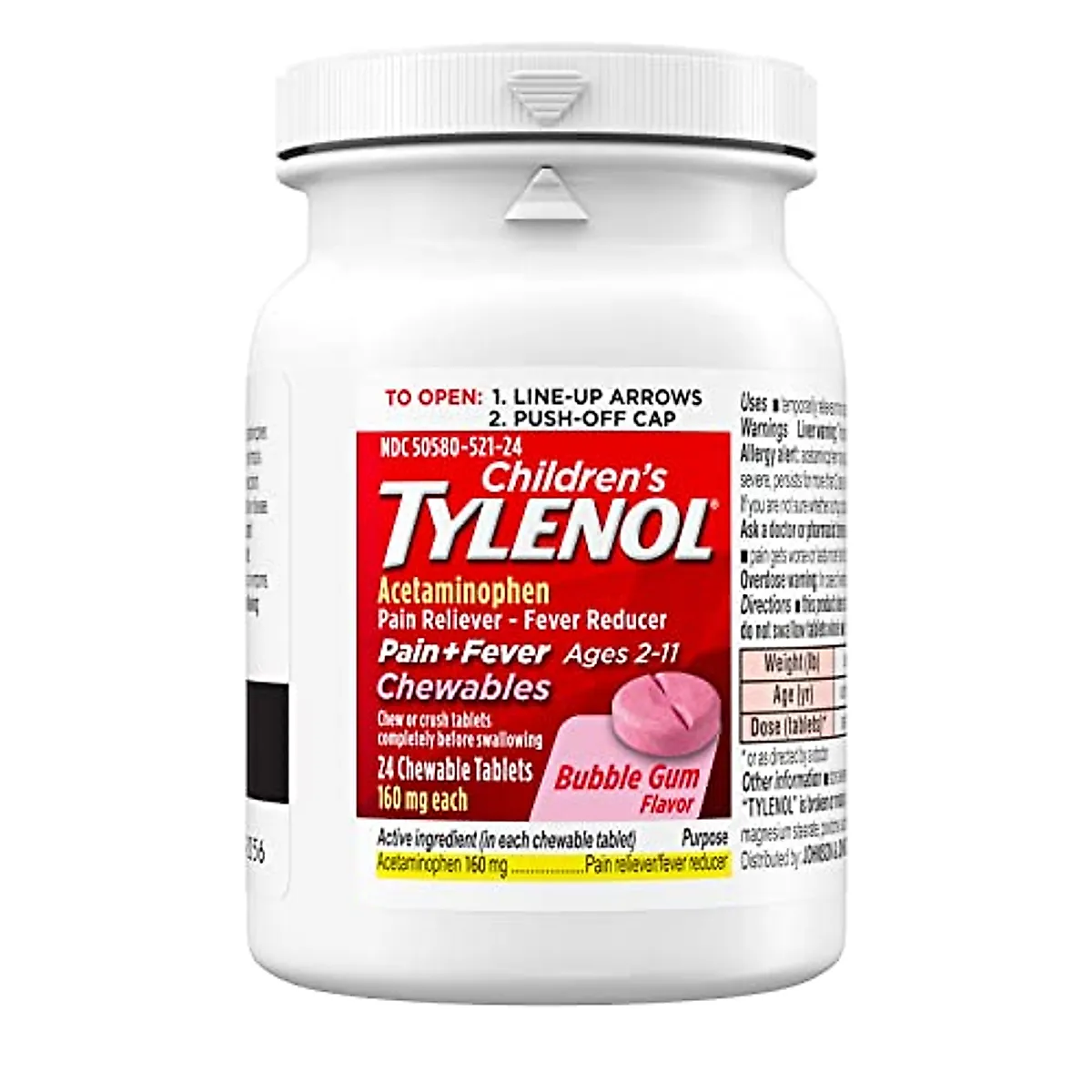 Tylenol Children's Chewables with 160 mg Acetaminophen, Pain Reliever & Fever Reducer for Kids' Cold + Flu Symptoms, Headache, Sore Throat & Toothache, Aspirin-Free, Bubble Gum, 24 ct