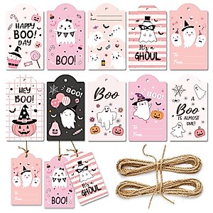 120Pcs Halloween Thank You Tags Pink Black Ghost Pumpkin Pattern Thank You Favor Tags Kraft Paper Gift Tags for Gifts for Baby Shower Halloween Party Supplies, 10 Design