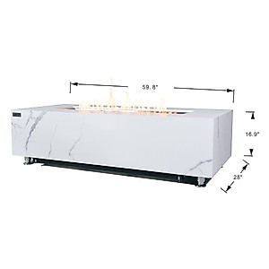 Elementi Plus Carrara Natural Gas Fire Pit Outside Outdoor Fire Pit Table Smokeless Firepit Marble Porcelain Rectangular Fire Table Patio Heater Fireplace 60000 BTUs - Bianco White, 59.8 x 28 Inches