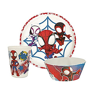 Zak Designs Marvel Spider-Man Dinnerware Set for Kids Includes 8" Plate, 6" Bowl, and 10oz Tumbler, Durable and Sustainable Melamine Bamboo Material (3-Piece Set, Spidey and His Amazing Friends)
