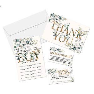 Yuansail Baby Shower Invitation Set, Fill In Invites Cards, Books For Baby, Diaper Raffle, Thank You, Boy, Each Design 25 Cards & Envelopes (Total 100 Cards) – (bb005-taozhuang)