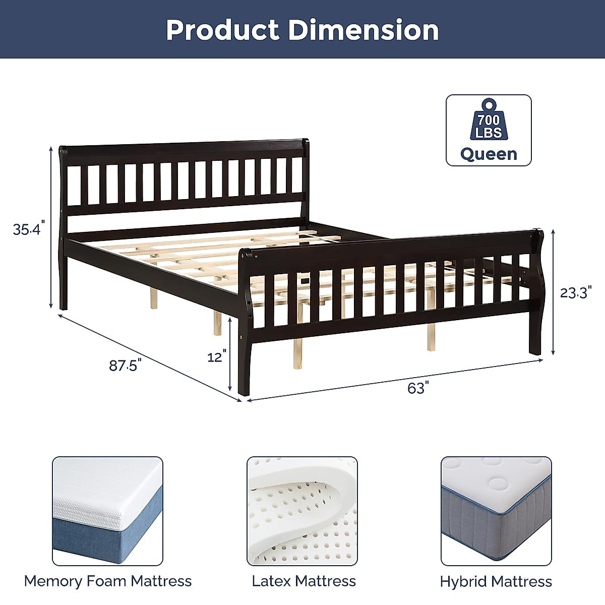 IULULU Queen Bed Frame, Solid Wood Platform Bed Frame with Headboard & Footboard, Queen Size Mattress Foundation with Wooden Slats Support, Easy Assembly, No Box Spring Needed, Espresso