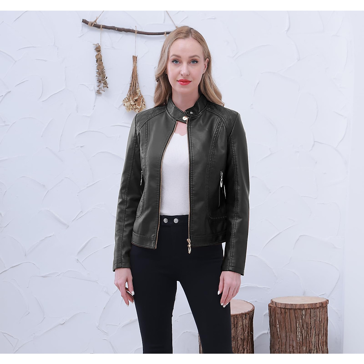 Women's Trendy Faux Leather Jacket Moto Short Jacket Fashion PU Jacket Coat (L, Black)