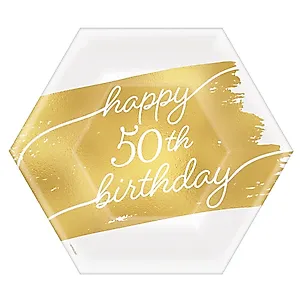 Golden Age Birthday Hexagon Metallic Plates - 7" | White | Pack of 8, 50th