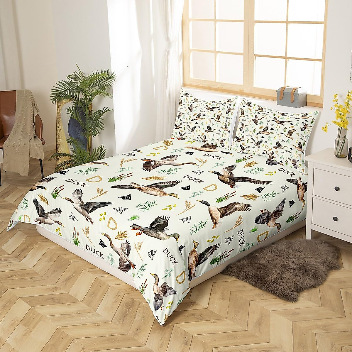 Feelyou Mallard Duck Duvet Cover Twin, Hunting and Fishing Bedding Set Green Duck Comforter Cover Wild Animal Bedspread Cover Breathable Bedding Collection 2Pcs (No Comforter)
