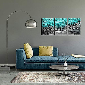 iKNOW FOTO 3 Pieces Canvas Wall Art for Bedroom Black White and Teal Cherry Blossom Trees Picture Giclee Prints Home Decor Modern Framed Artwork for Dining Room Kitchen Bathroom Office 12x16inchx3