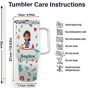 Personalized Nurse Tumbler 40oz -nurse handwriting analyst-Custom Name Insulated Travel Mug with Handle & Straw, Gift for Nurses, Medical Workers, Appreciation, Mother's Day bDppcx
