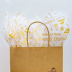 MR FIVE Large Size Gold Birthday Tissue Paper Bulk,20" x 28",White with Gold Happy Birthday Design Tissue Paper for Gift Bags,Gold Happy Birthday Tissue Paper for Birthday Party,30 Sheets
