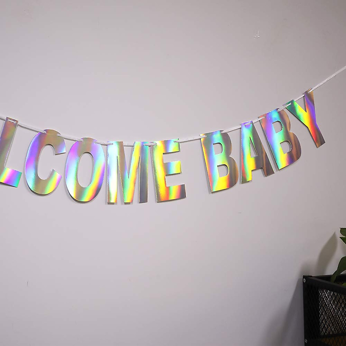 Blukey Holographic Welcome Baby Banner Hanging Bunting String Flag Iridescent White Baby Shower Decorations Banners and Signs