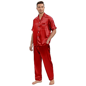 AUECK Mens Satin Pajamas Set Short Sleeve Button Down Sleepwear Soft 2 Piece Silk Loungewear with Pockets(Red,XX-Large)
