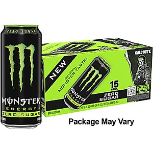 Monster Energy Zero Sugar, Green, Original, Low Calorie Energy Drink, 16 Fl Oz (Pack of 15)