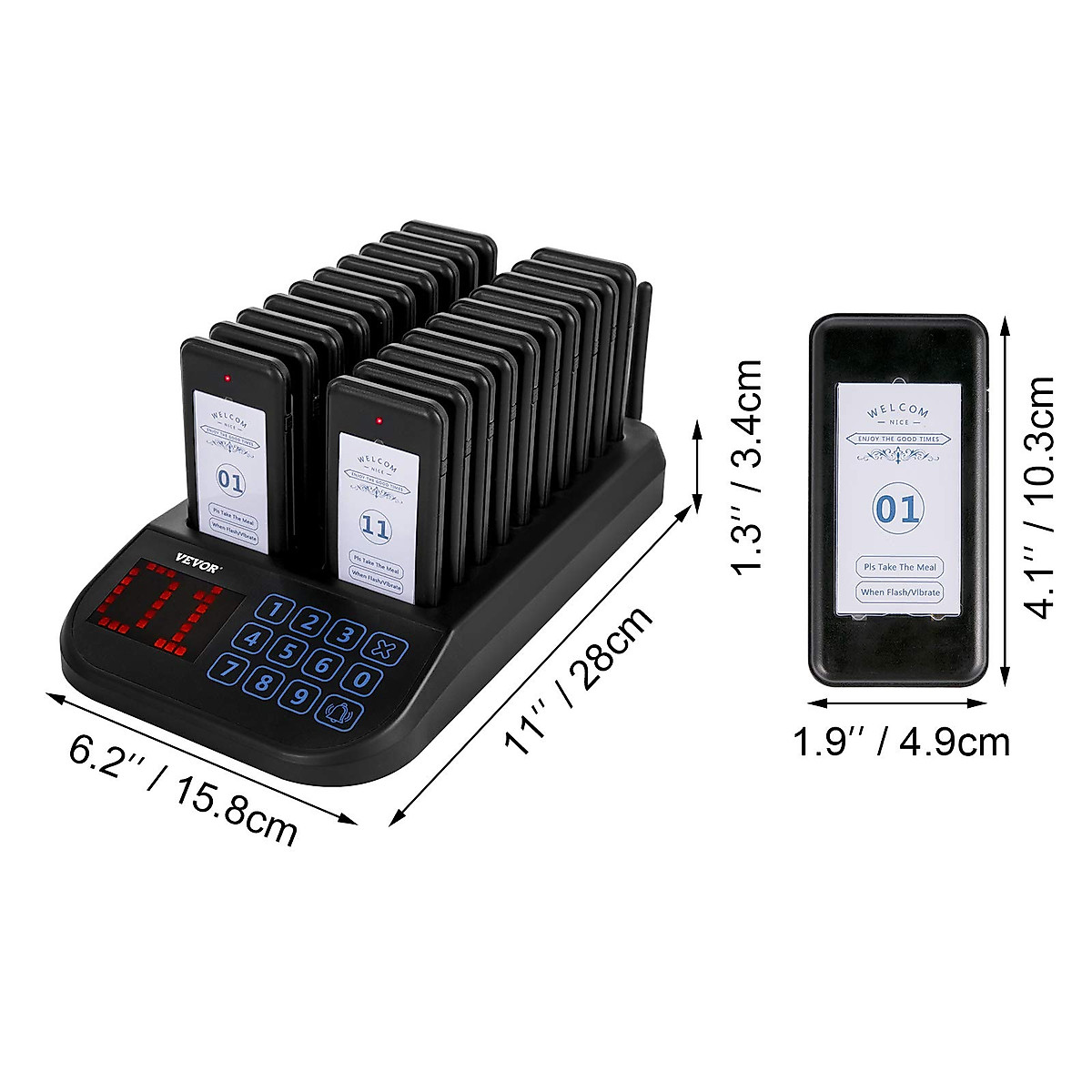 VEVOR F103 Restaurant Pager System 20 Pagers, Max 98 Beepers Wireless Calling System, Touch Keyboard with Vibration, Flashing and Buzzer for Church, Nurse,Hospital & Hotel