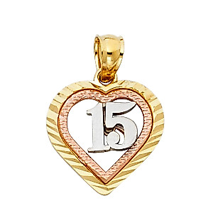 TGDJ 14K Tri Color Gold Sweet 15 Years Quinceanera Heart Charm Pendant with 1.5mm Valentino Chain | 14K Gold Necklace Chain with Pendant | Spring-Ring Clasp Pattern Unisex Real Gold Chain (16)