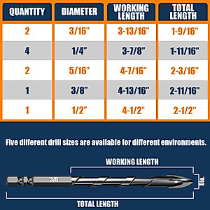 Concrete Drill Bit Set 10PCS (3/16”-1/2”), Professional Masonry Drill Bits Tungsten Carbide Tip Work for Glass, Metal, Brick, Tile, Concrete, Plastic and Wood (10PCS-Concrete Drill Bit Set)