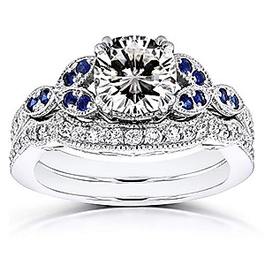 Kobelli Vintage Style Floral Cushion Moissanite (GH) with Sapphire and Diamond Accents Bridal Set 1 1/2 Carat TGW in 14k White Gold - Size 8.5