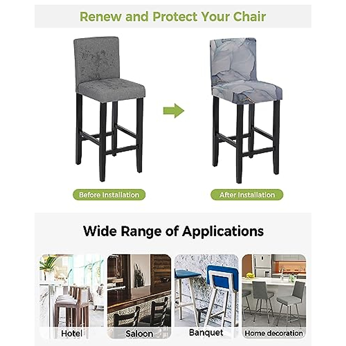 IDOWMAT Bar Stool Cover with Back - Stretch Washable Chair Covers Gold Gray Marble Abstract Ink Art Painting Chairs Slipcover for Kitchen Pub Dining Room Cafe, 4 Pack